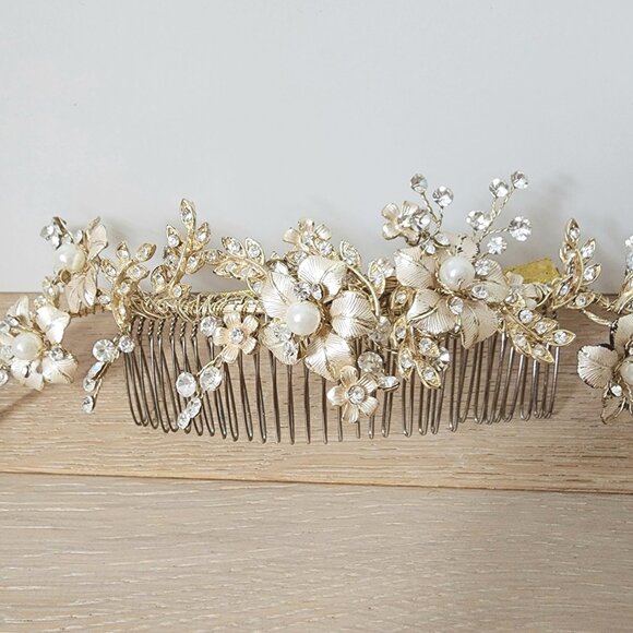 Tessa Kim | Accessories | Gold Flower Woodland Pearl Wedding Tiara Hand ...